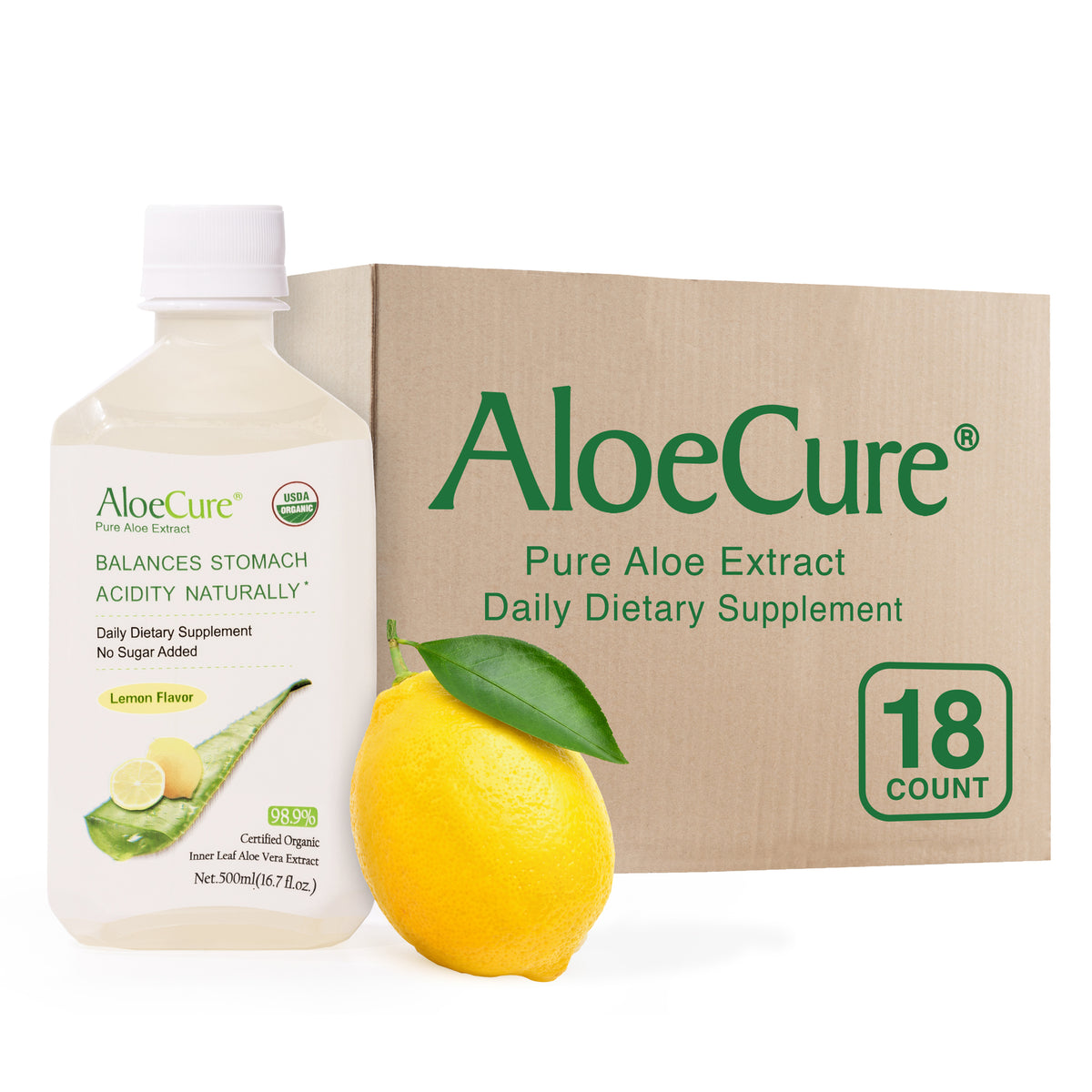 AloeCure Pure Aloe Vera Juice Lemon Flavor - USDA Certified Organic